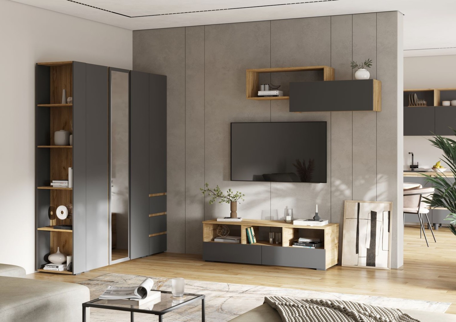 Купить Шкаф 3х створчатый с зеркалом Хелен ШК 02 Графит серый Дуб крафт золотой Стендмебель