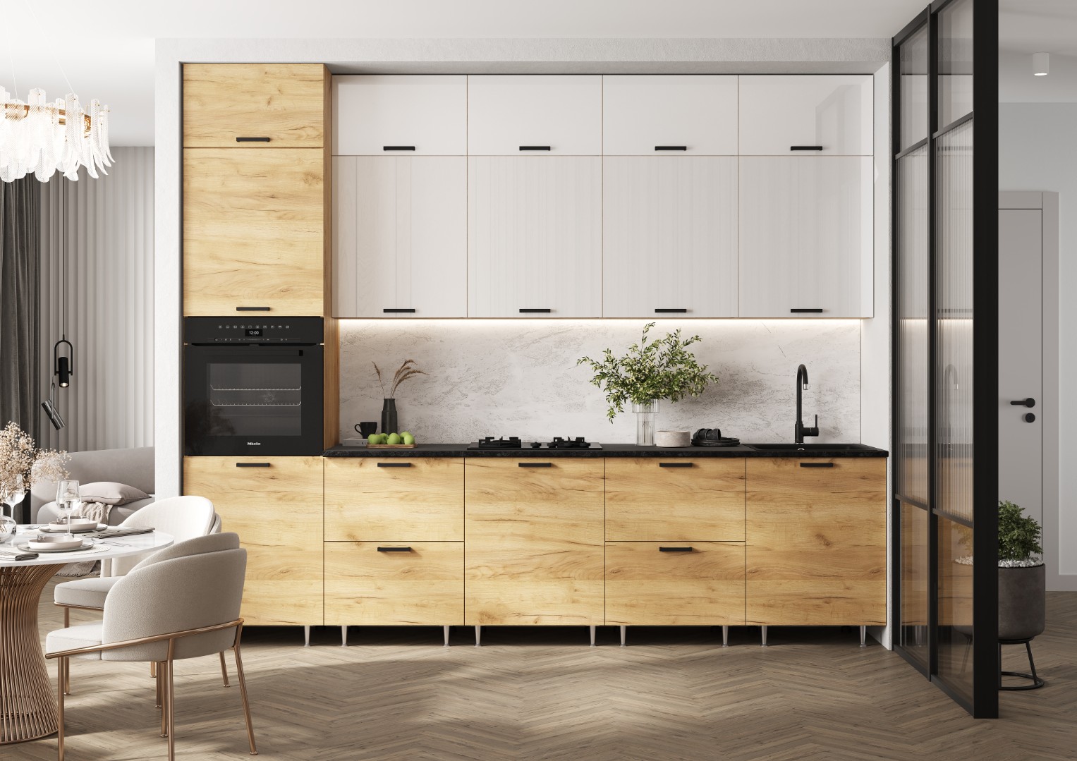 Купить Кухонный гарнитур Рио New 3 0м 1080мм ЛДСП Компоновка 4 Белый глянец Дуб Крафт МИФ